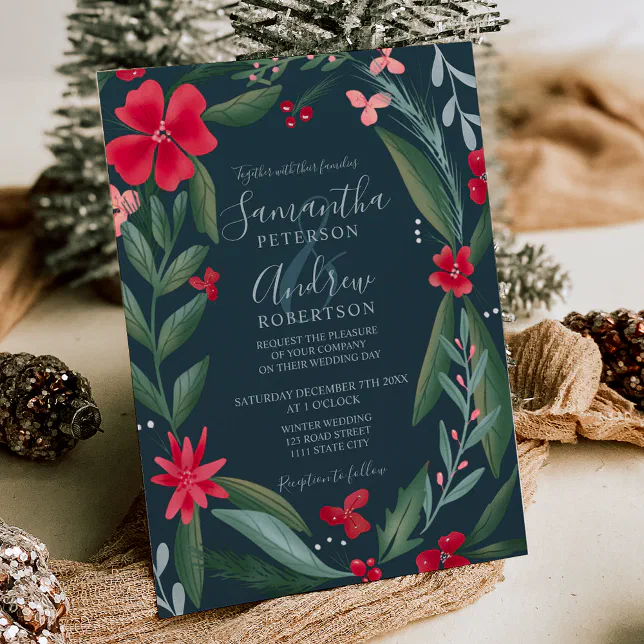 Red green floral wreath pattern wedding invitation | Zazzle