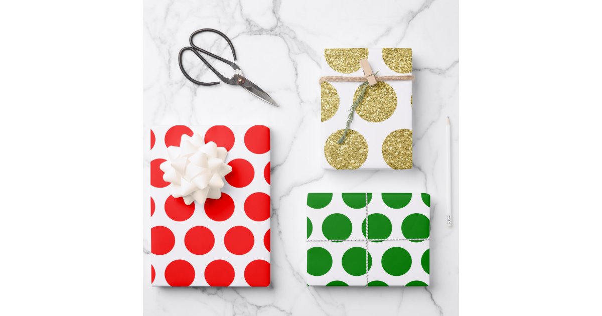 Red Green Gold Glitter Polka Dot Christmas Wrapping Paper Sheets | Zazzle