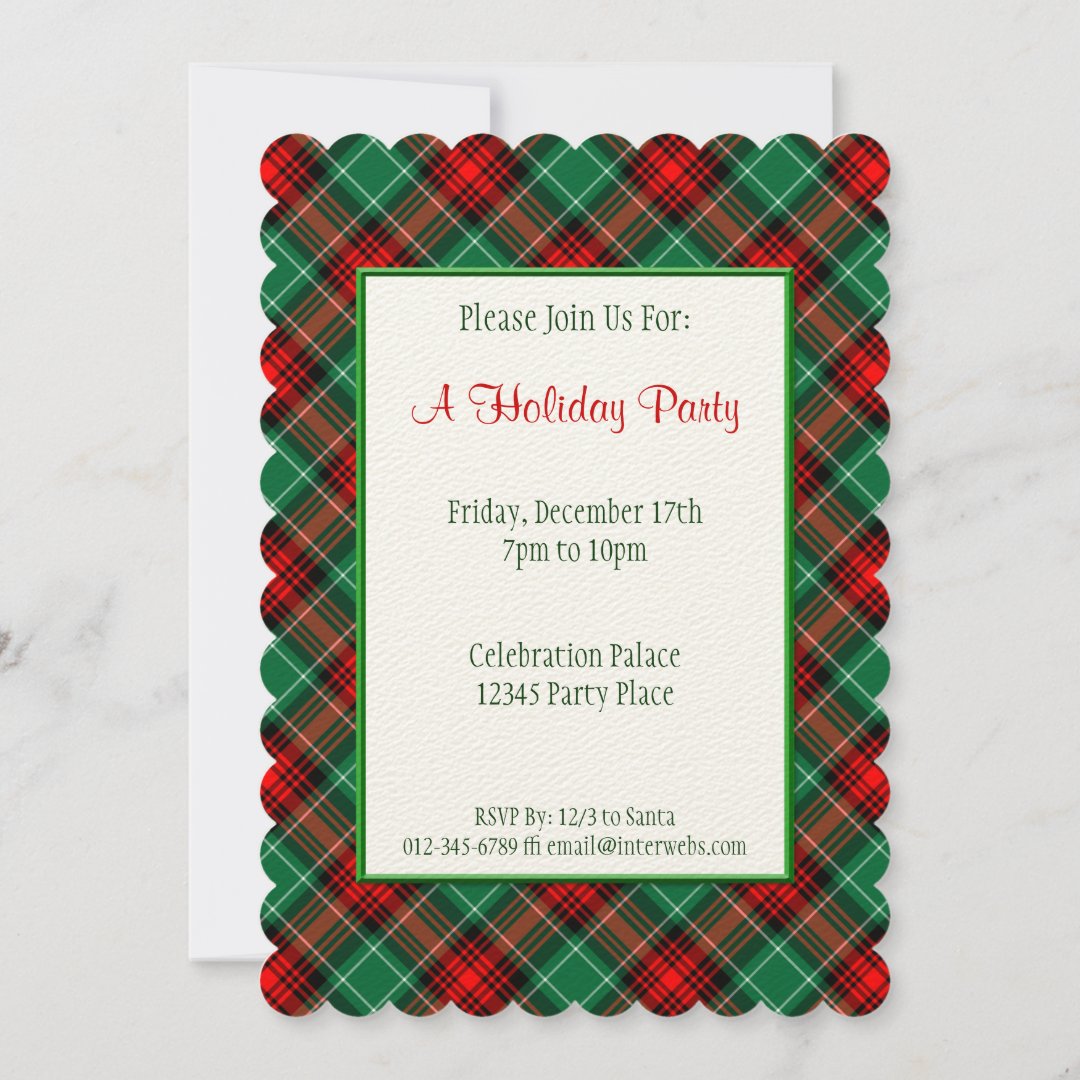 Red Green Holiday Retro Plaid Custom Invitations | Zazzle
