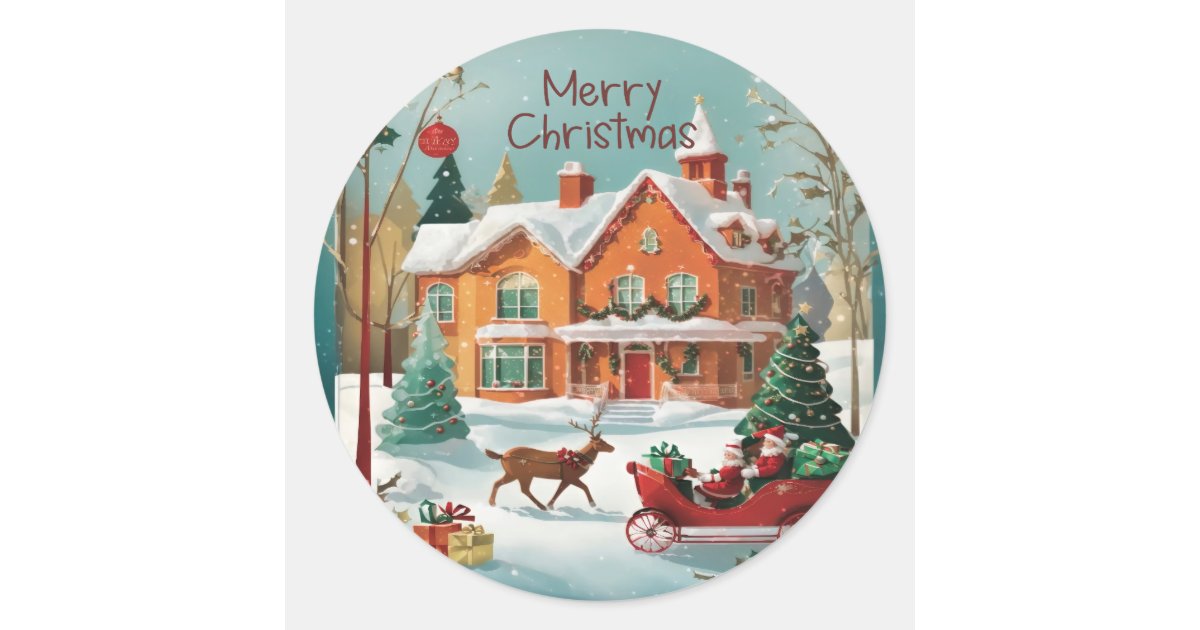 Red Green Merry Christmas Winter Scene Classic Round Sticker | Zazzle