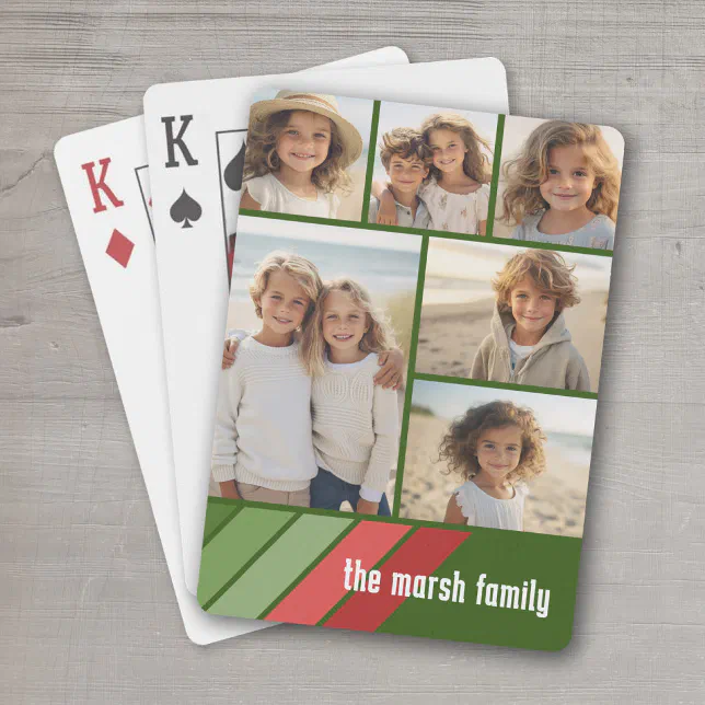 Red Green Retro Stripes - 6 Photo Collage Poker Cards | Zazzle