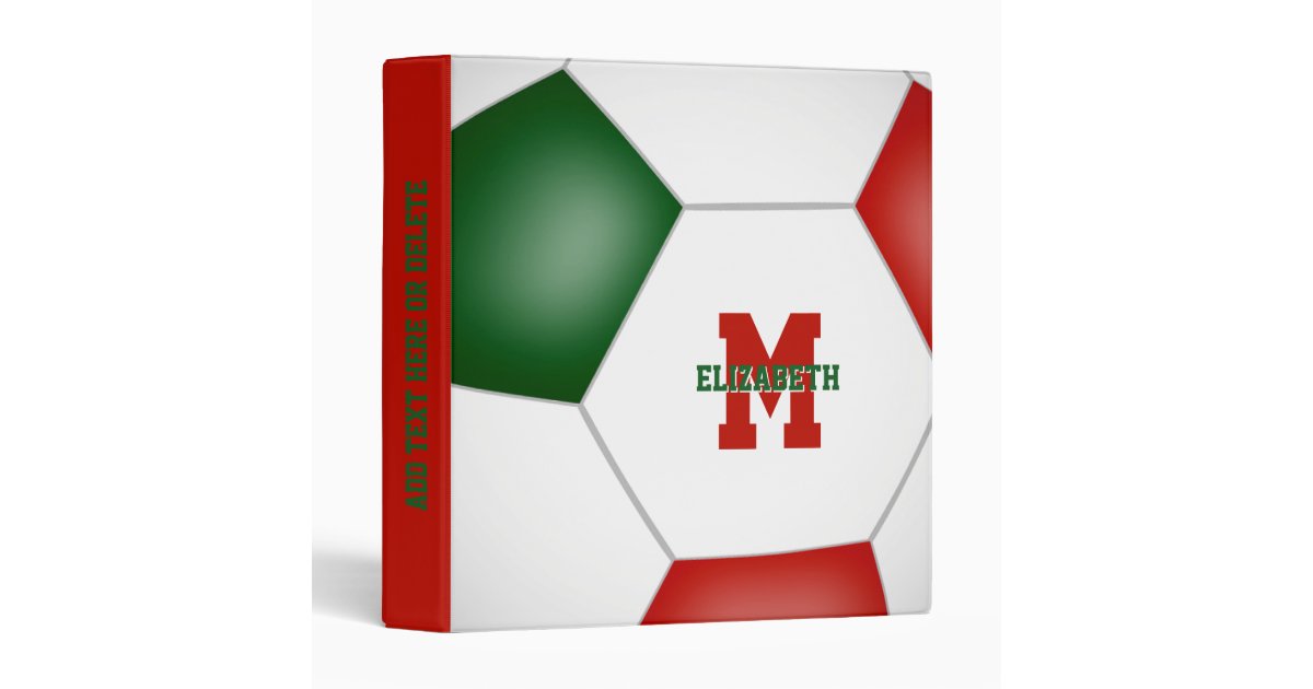 red green soccer team colors monogrammed 3 ring binder | Zazzle