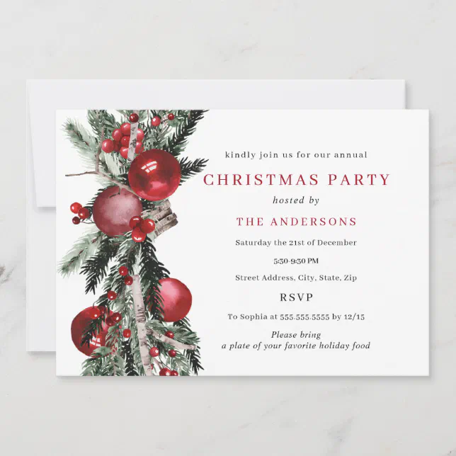 Red Green Traditional Foliage Christmas Party Invitation | Zazzle