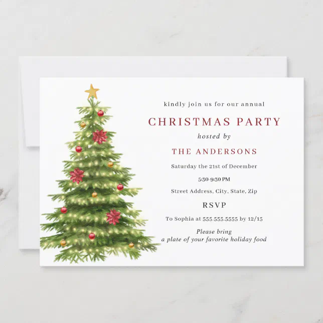 Red Green Traditional Tree Lights Christmas Party Invitation | Zazzle