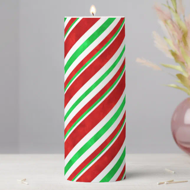Red Green Watercolor Candy Cane Stripes 2 Pillar Candle | Zazzle