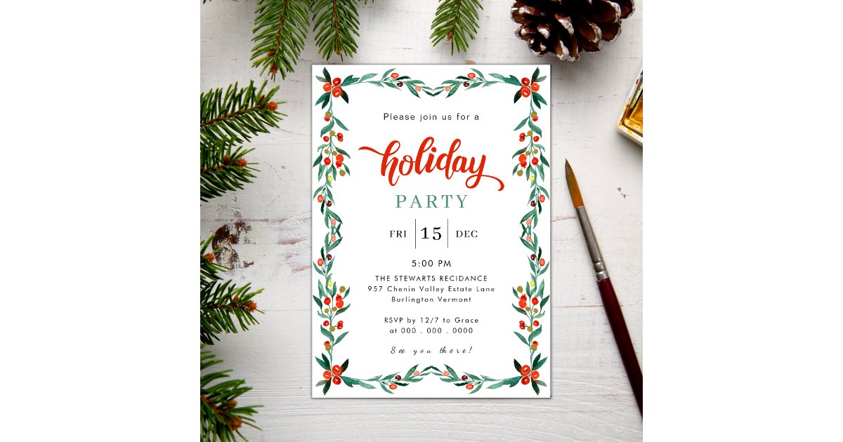 Red Green Watercolor Chic Christmas Holiday Party Invitation | Zazzle