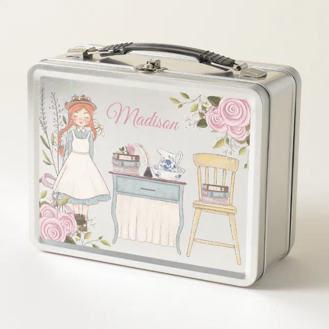 Red Hair Girl Pink Floral Victorian Books School Metal Lunch Box | Zazzle