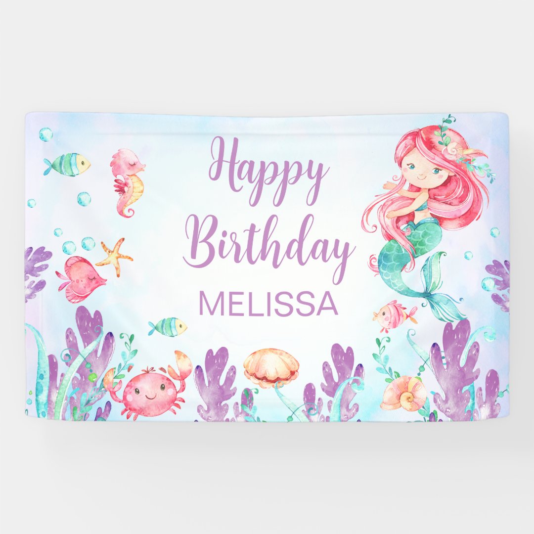Red Hair Mermaid Under The Sea Birthday Backdrop Banner | Zazzle