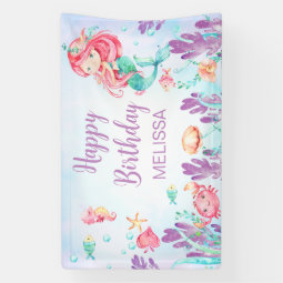 Red Hair Mermaid Under The Sea Birthday Backdrop Banner | Zazzle