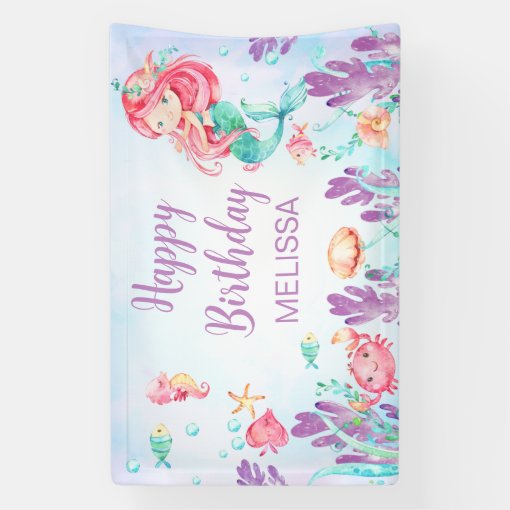 Red Hair Mermaid Under The Sea Birthday Backdrop Banner | Zazzle