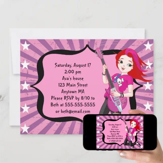 Red Haired Rock Star Girl Birthday Invitation | Zazzle