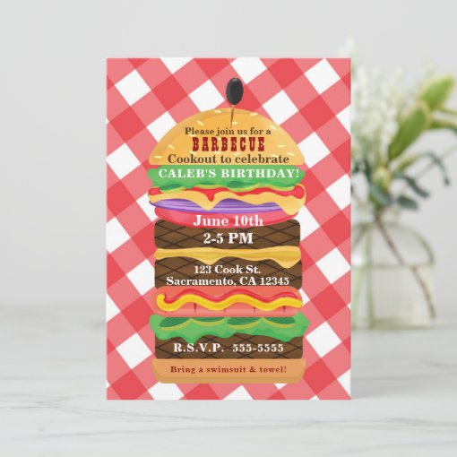 Red Hamburger Summer Cookout Barbecue Invitations | Zazzle