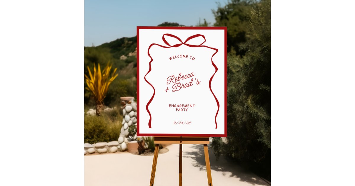 Red Hand Drawn Bow Engagement Party Welcome Sign | Zazzle