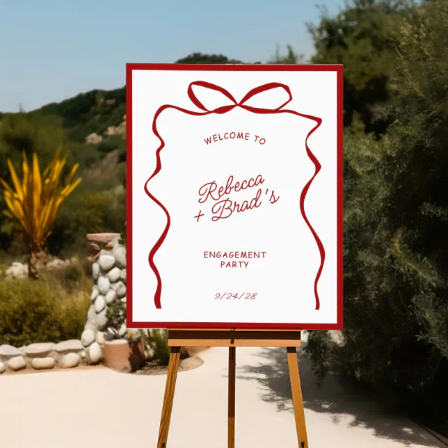 Red Hand Drawn Bow Engagement Party Welcome Sign | Zazzle