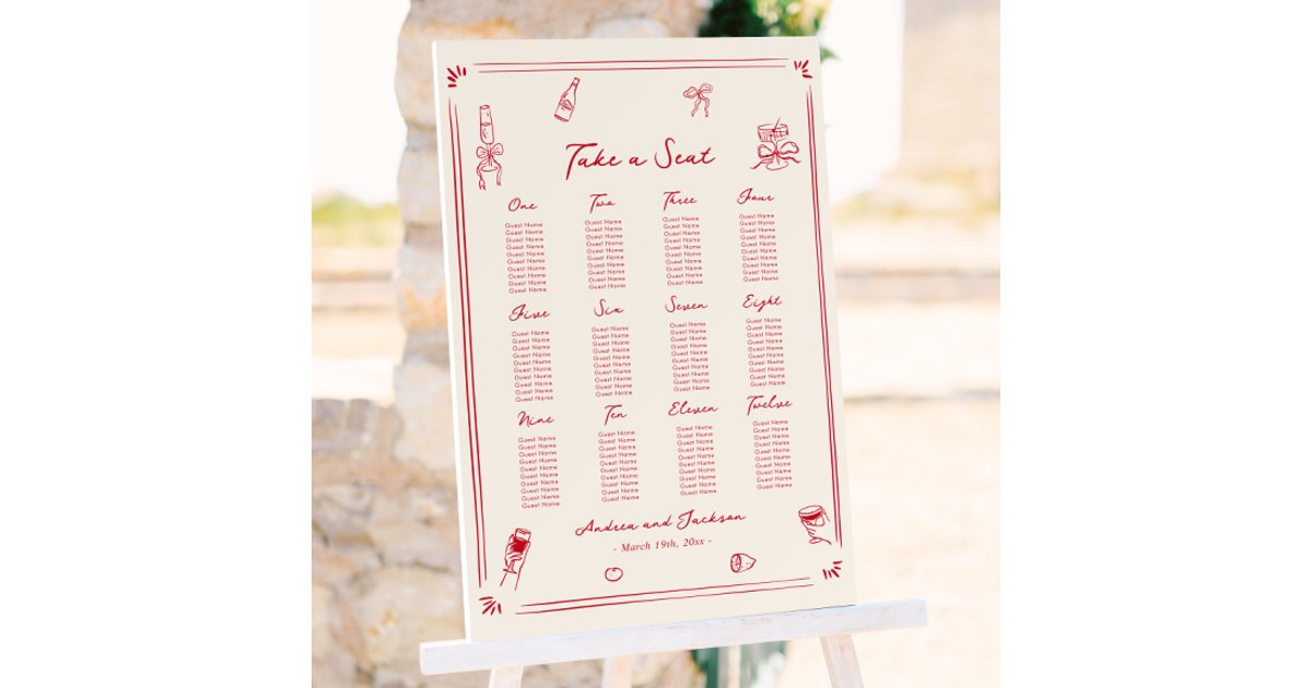 Red Hand Drawn Doodle Wedding Seating Chart Foam Board | Zazzle