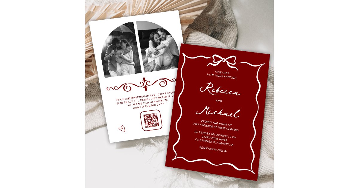 Red Hand Drawn White Bow QR Code Photo Wedding Invitation | Zazzle