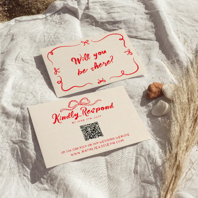 Red Hand Written Quirky Modern Bow QR Code Wedding RSVP Card | Zazzle