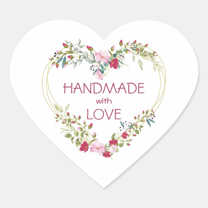 Red Handmade with Love Quote Floral Heart Heart Sticker | Zazzle.com