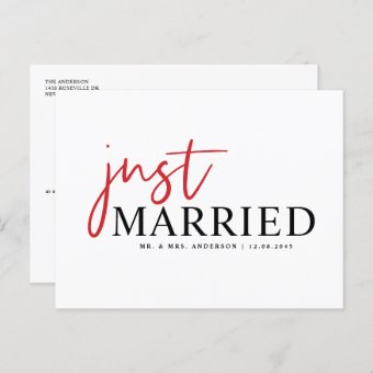 Red Handwritten Typography Modern Just Married Announcement Postcard ...