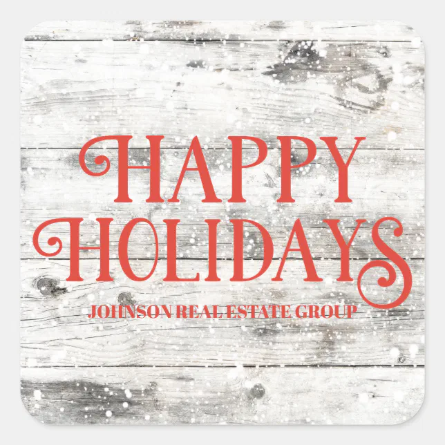 Red Happy Holidays on Wood | Holiday Greetings Square Sticker | Zazzle