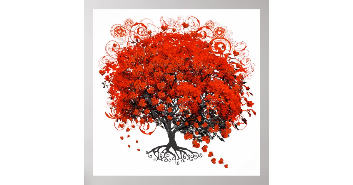 Red Heart Leaf Tree Poster | Zazzle