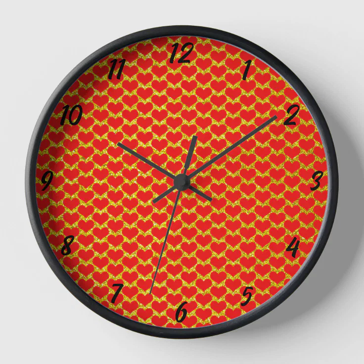 Red Heart Patterns Gold Glitter Valentine's Day Clock | Zazzle