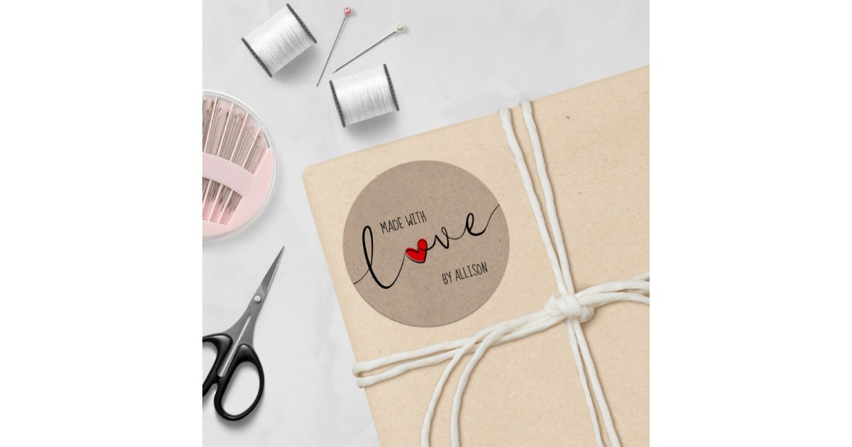 Red Heart Script Hand Lettered Made With Love Classic Round Sticker ...