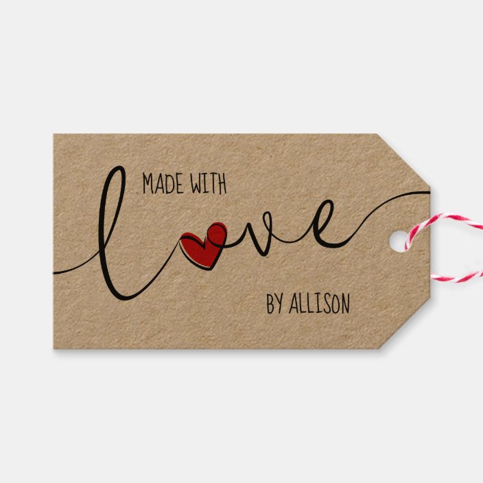 Red Heart Script Typography Made With Love Kraft Gift Tags | Zazzle.com