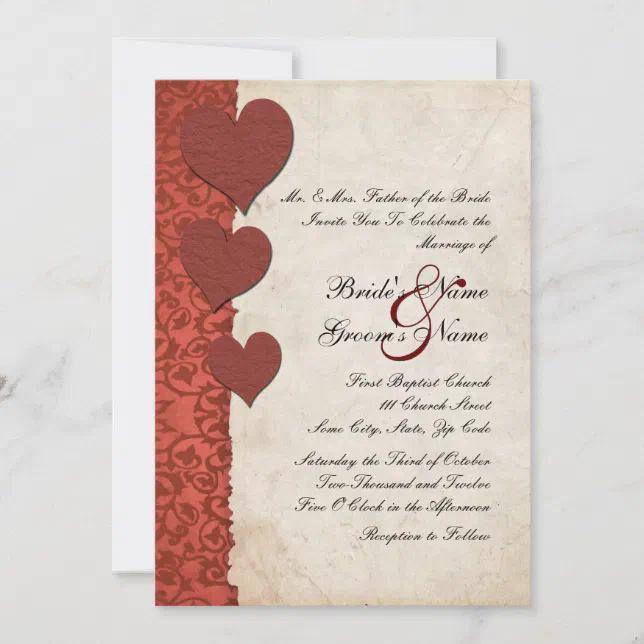 Red Hearts Torn Paper Wedding Invitation | Zazzle