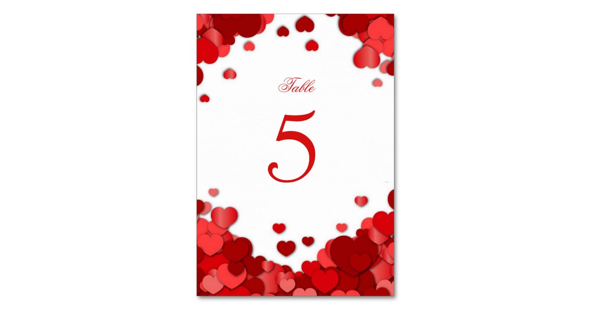 Red Hearts, Valentine's Day, Wedding, Custom Table Number | Zazzle