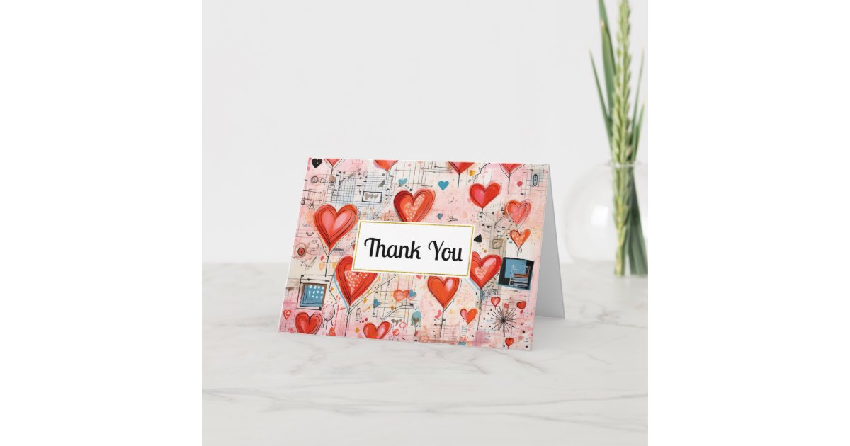 Red Hearts Whimsical Love Pattern Thank You Card | Zazzle