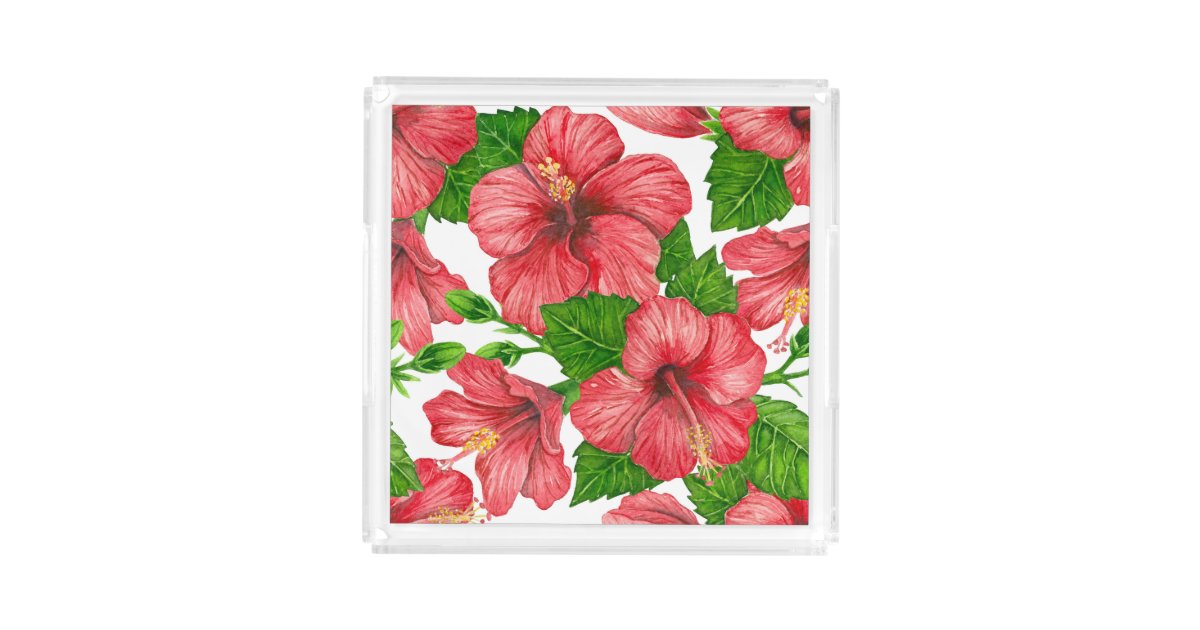 Red hibiscus watercolor pattern acrylic tray | Zazzle