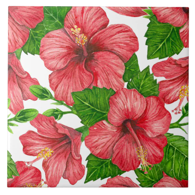 Red hibiscus watercolor pattern ceramic tile | Zazzle