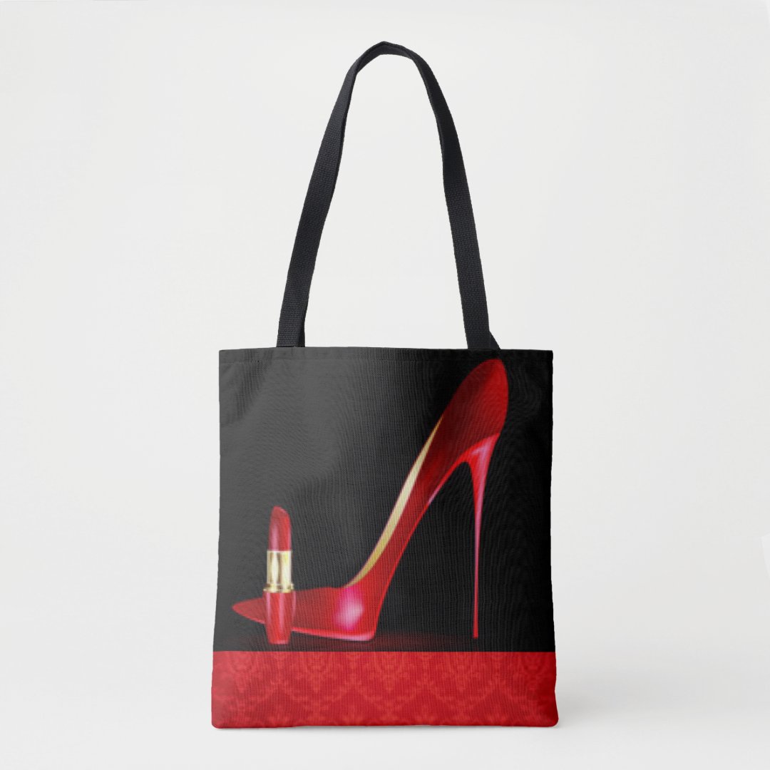 Red High Heel Lipstick Damask Pattern Print Design Tote Bag | Zazzle