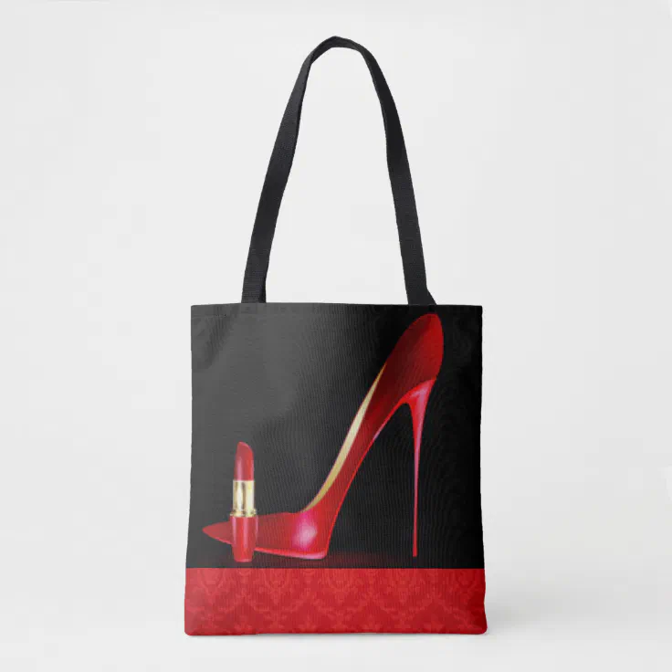 Red High Heel Lipstick Damask Pattern Print Design Tote Bag | Zazzle