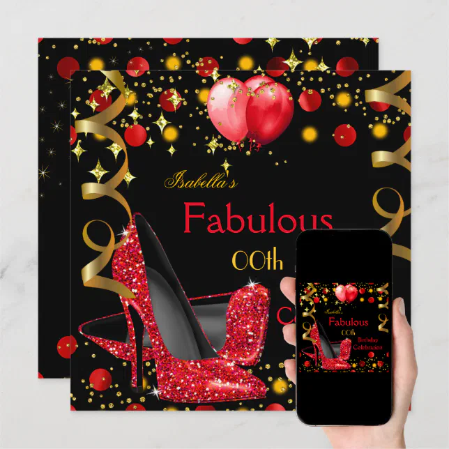 Red High Heels Gold Red Balloons Birthday Party Invitation | Zazzle