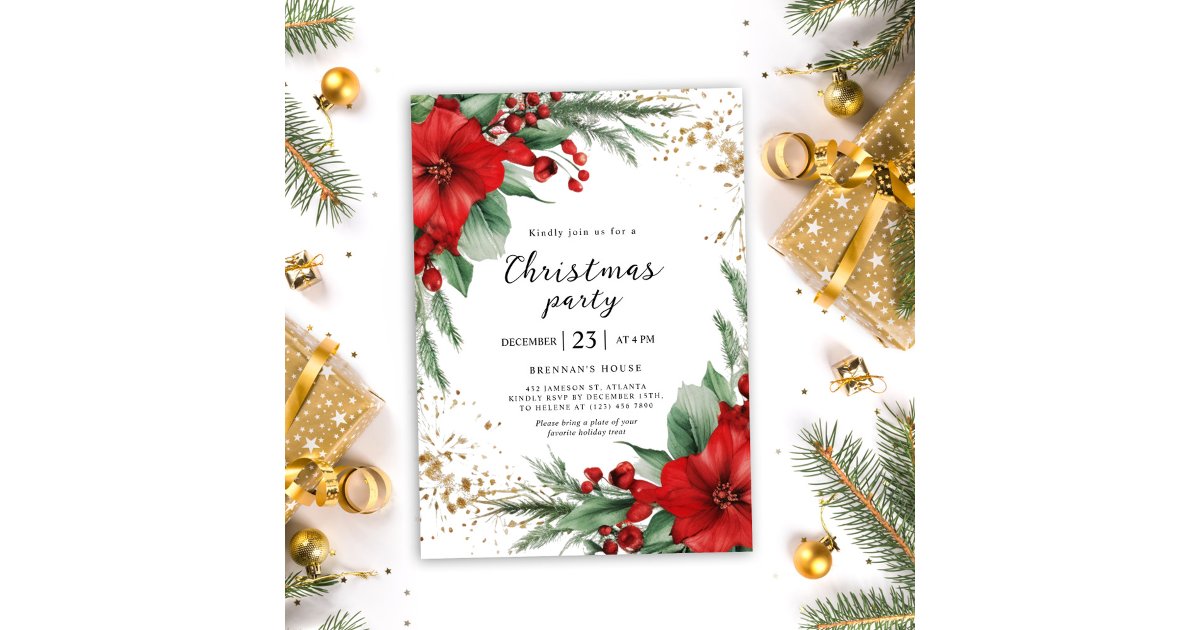 Red Holiday Greenery Christmas Party Invitation | Zazzle
