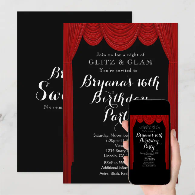 Red HOLLYWOOD Curtains Elegant Party Invitations | Zazzle