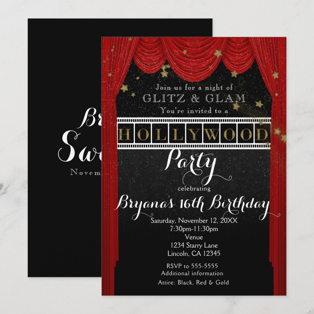 Red HOLLYWOOD Curtains & Gold Party Invitations | Zazzle