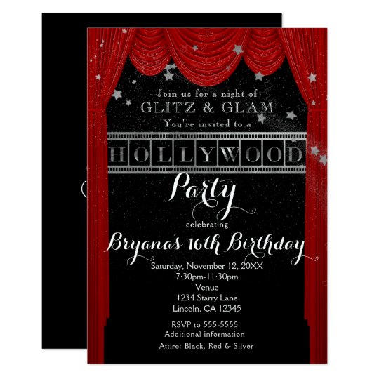 Red HOLLYWOOD Curtains & Silver Party Invitations | Zazzle.com