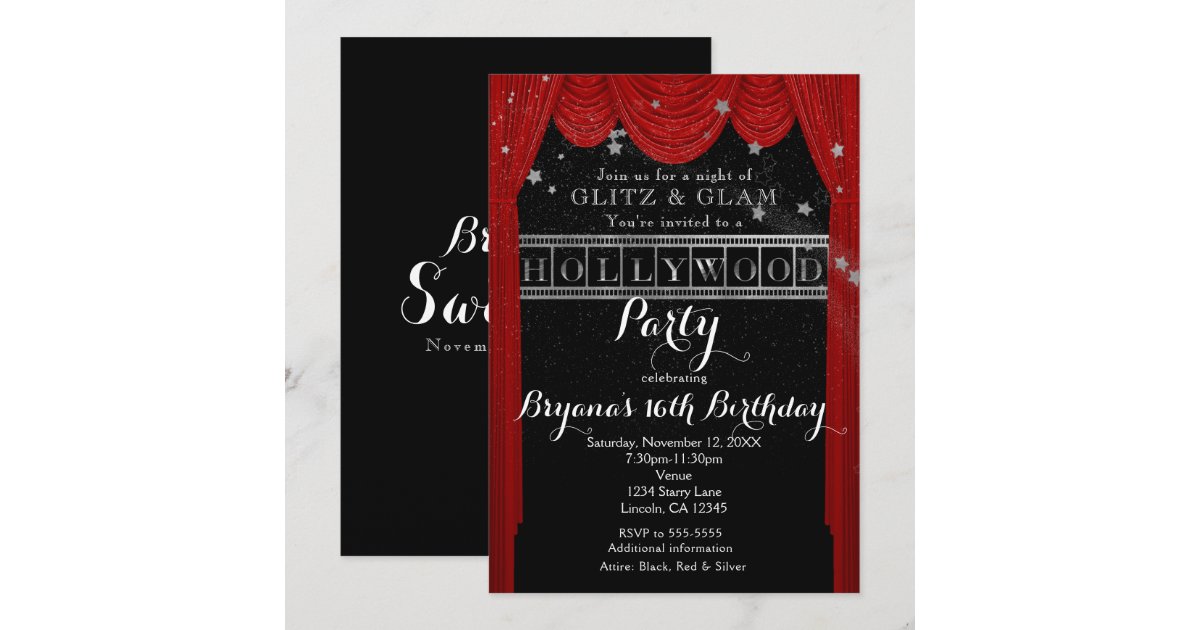 Red HOLLYWOOD Curtains & Silver Party Invitations | Zazzle