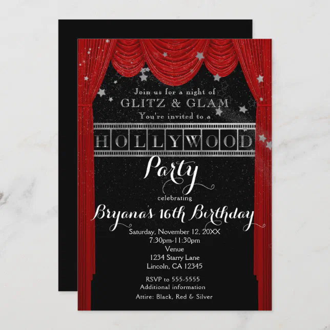 Red HOLLYWOOD Curtains & Silver Party Invitations | Zazzle