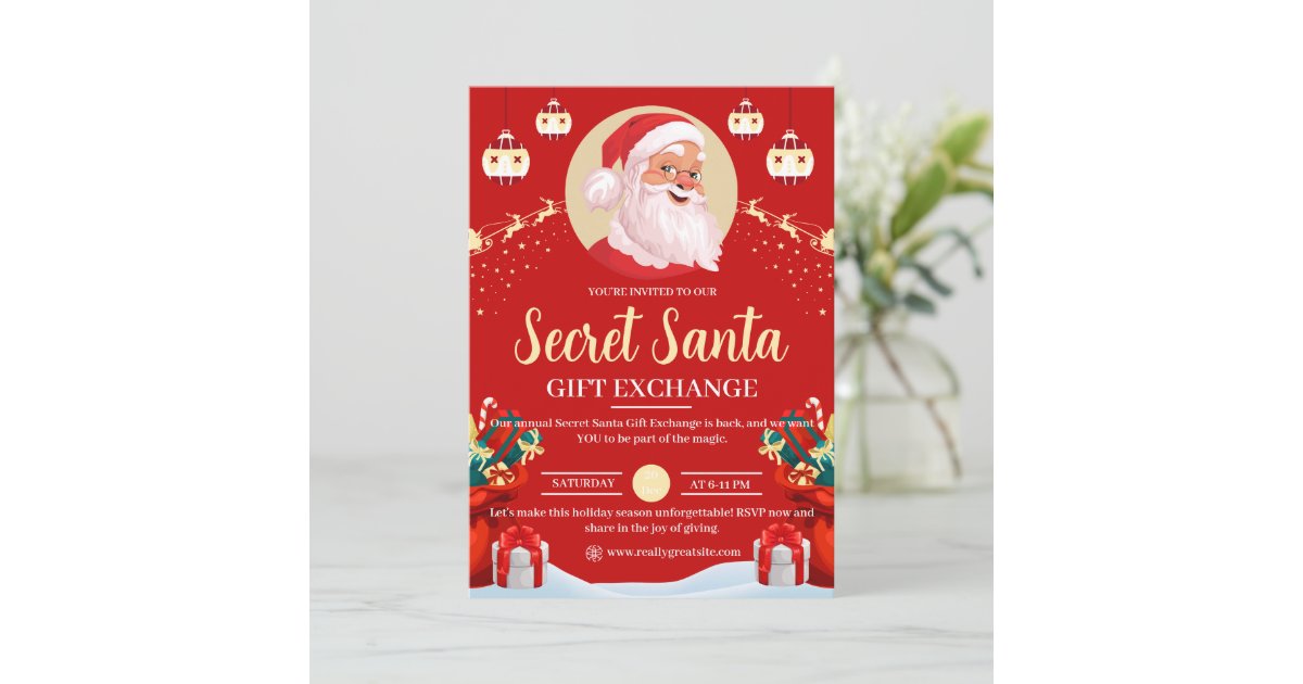 Red Illustrated Secret Santa Gift Exchange Flyer Invitation | Zazzle