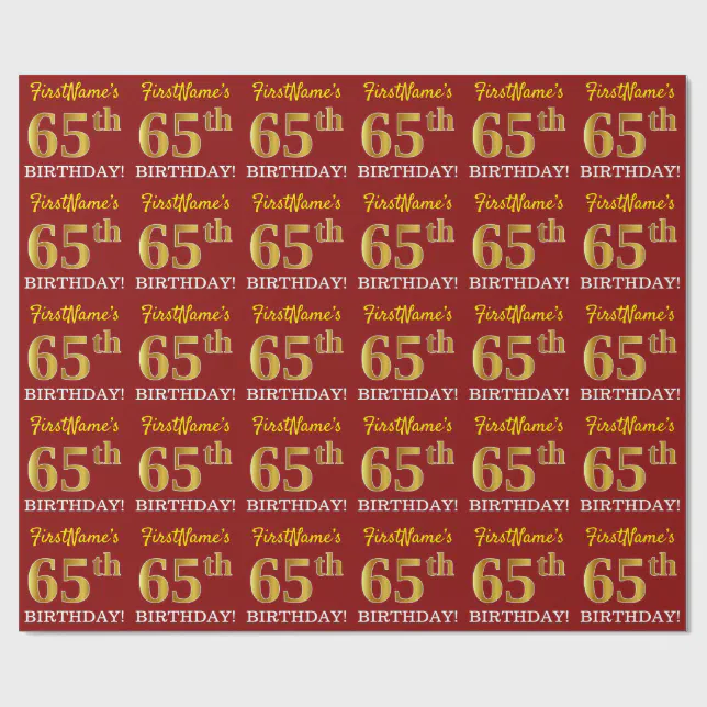 Red, Imitation Gold Look "65th BIRTHDAY" Wrapping Paper | Zazzle