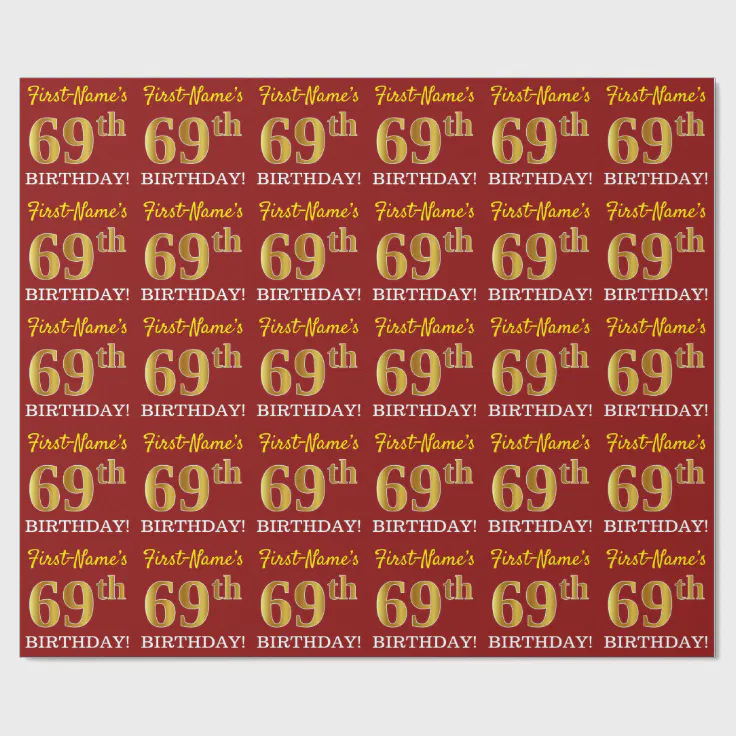 Red, Imitation Gold Look "69th BIRTHDAY" Wrapping Paper | Zazzle