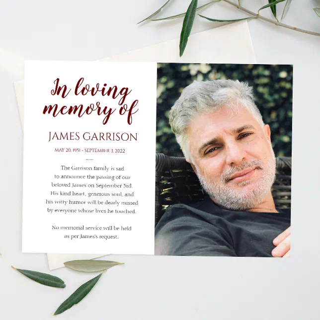 Red In Loving Memory Photo Death Announcement | Zazzle