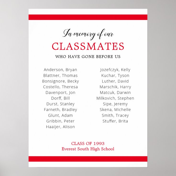 Red In Memory Of Our Classmates Reunion Memorial Poster | Zazzle