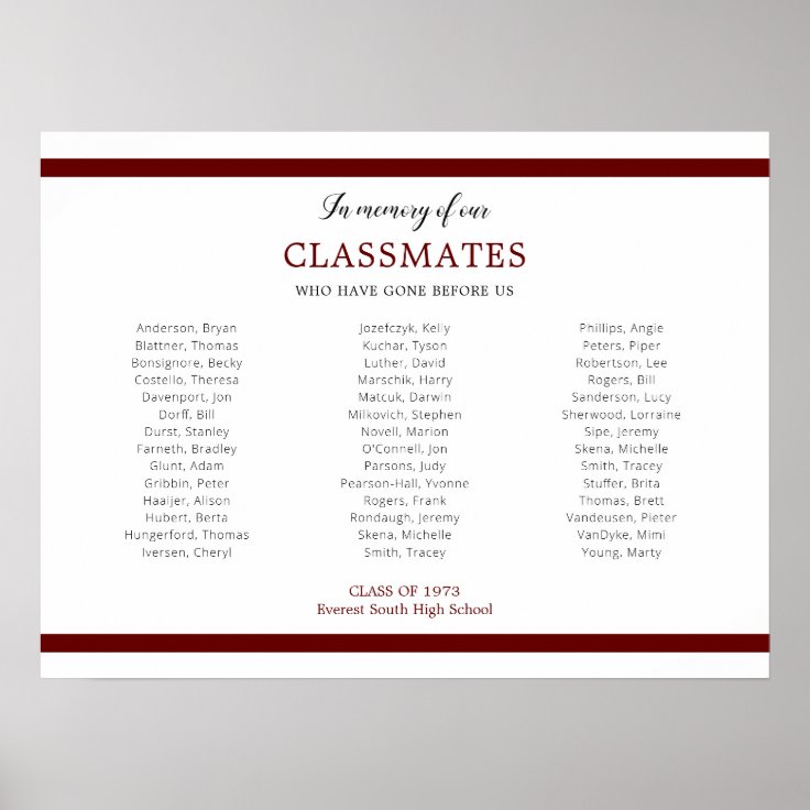 Red In Memory Of Our Classmates School Reunion Poster | Zazzle