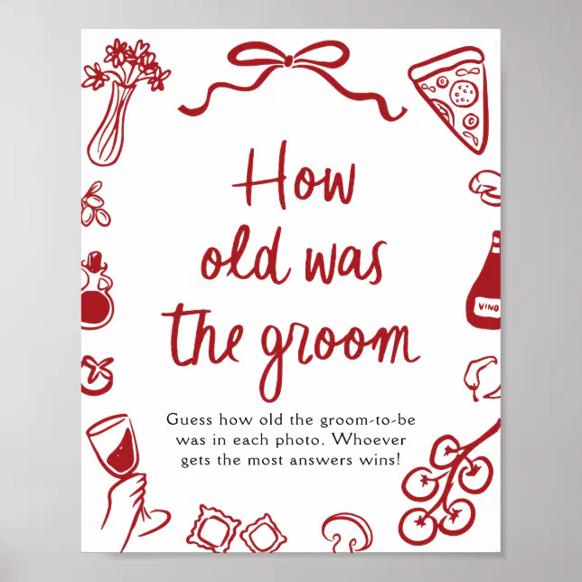 Red Italian Hand Drawn Guess How Old The Groom Poster | Zazzle