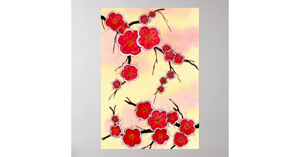 Red Japanese Cherry Blossoms Poster | Zazzle